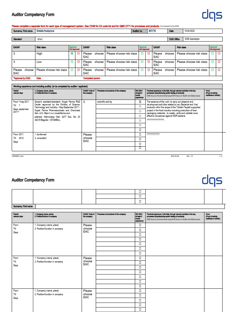 Auditor Competency Evaluation Form | PDF | Risk | Iso 9000