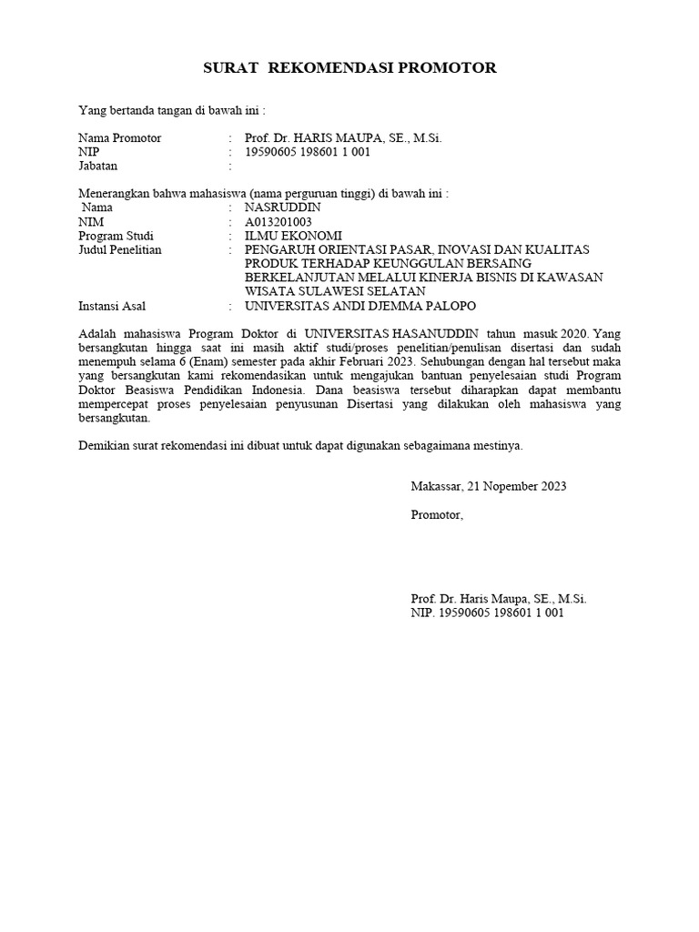 Draft Surat Rekomendasi Promotor | PDF