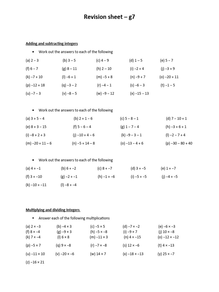 Revision Sheets g7 | PDF | Inequality (Mathematics) | Multiplication