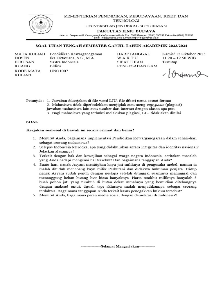 Jawaban Uts Ganjil Pendidikan Kewarganegaraan 2023 2024 | PDF