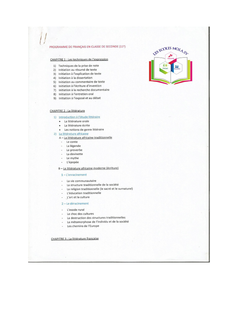 Programme Français Seconde 11eme 1 | PDF