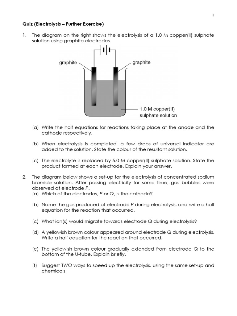 Electrolysis Worksheet | PDF | Electrode | Electrolyte