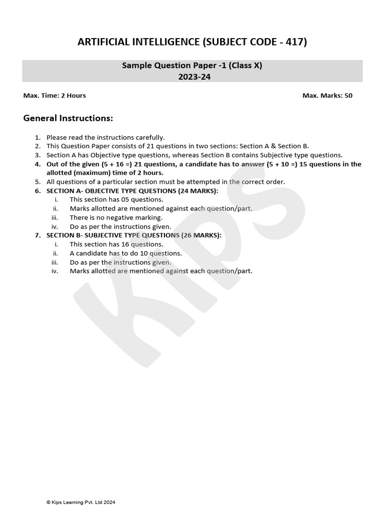 Class 10 AI Sample Question Paper 2023-24 | PDF | Machine Learning ...