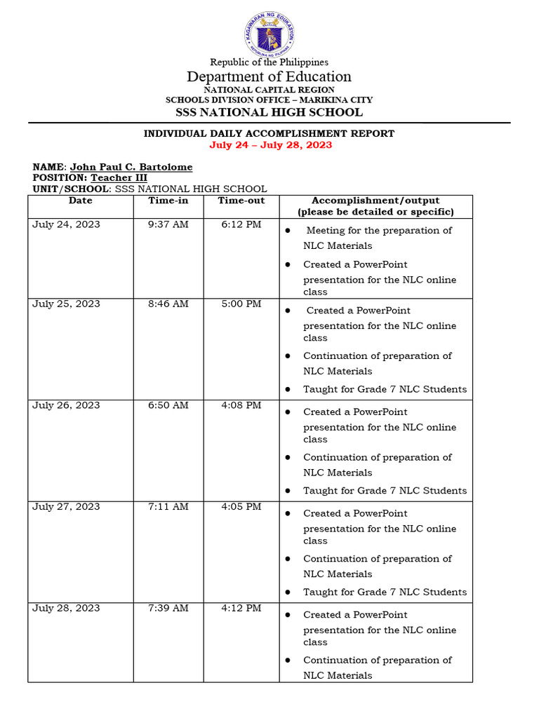 Bartolome Nlc Journal Accomplishment Report | PDF | Philippines ...