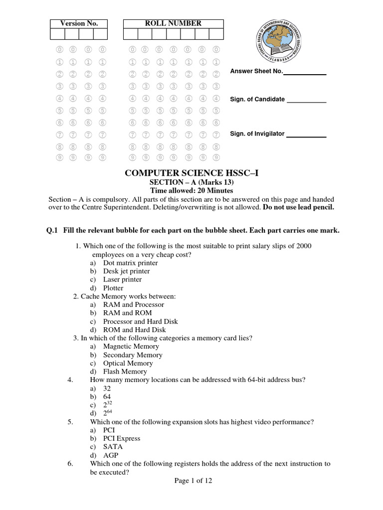 Final HSSC-I Model Paper Computer Science | PDF | Central Processing Unit | Printer (Computing)