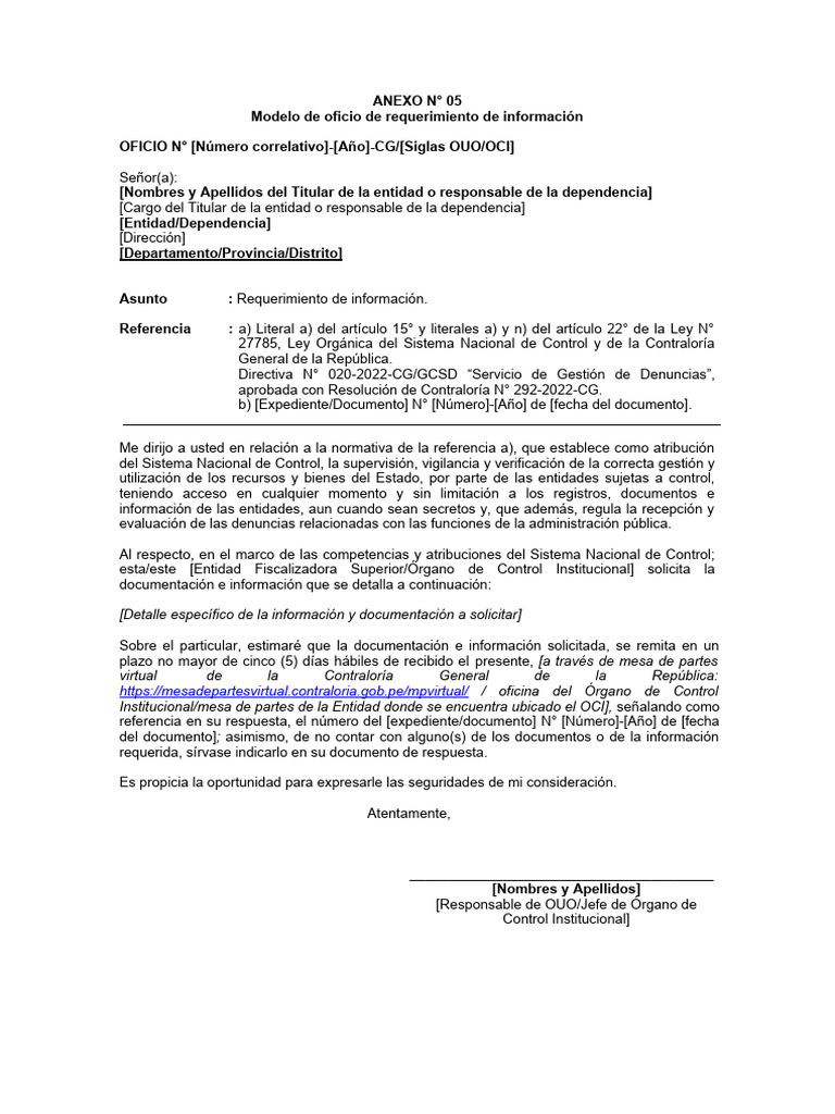 MODELO Oficio REQUERIMIENTO DE INFORMACIÓN A La Entidad Sujeta A Control | Descargar gratis PDF ...