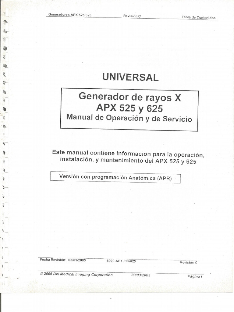 Manual de Operación y Servicio Generador de Rayos X APX 525& 62 | PDF