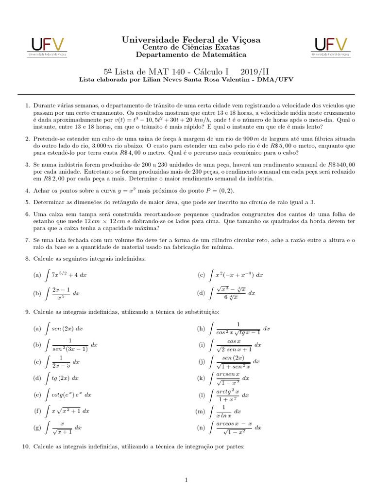 Lista 5 - MAT 140 - 2019-II | PDF | Curva | Objetos matemáticos