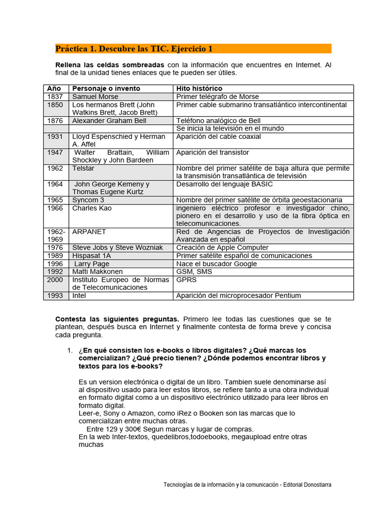 Práctica 1. Descubre Las TIC. Ejercicio 1: Tecnologías de La Información y La Comunicación ...