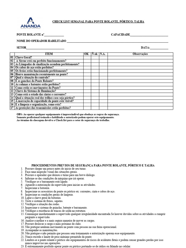 Check List para Ponte Rolante | PDF