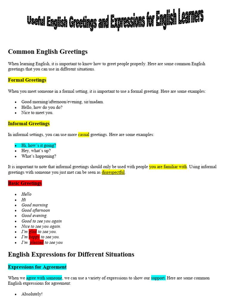 Common English Greetings Explained | PDF | Language Arts & Discipline