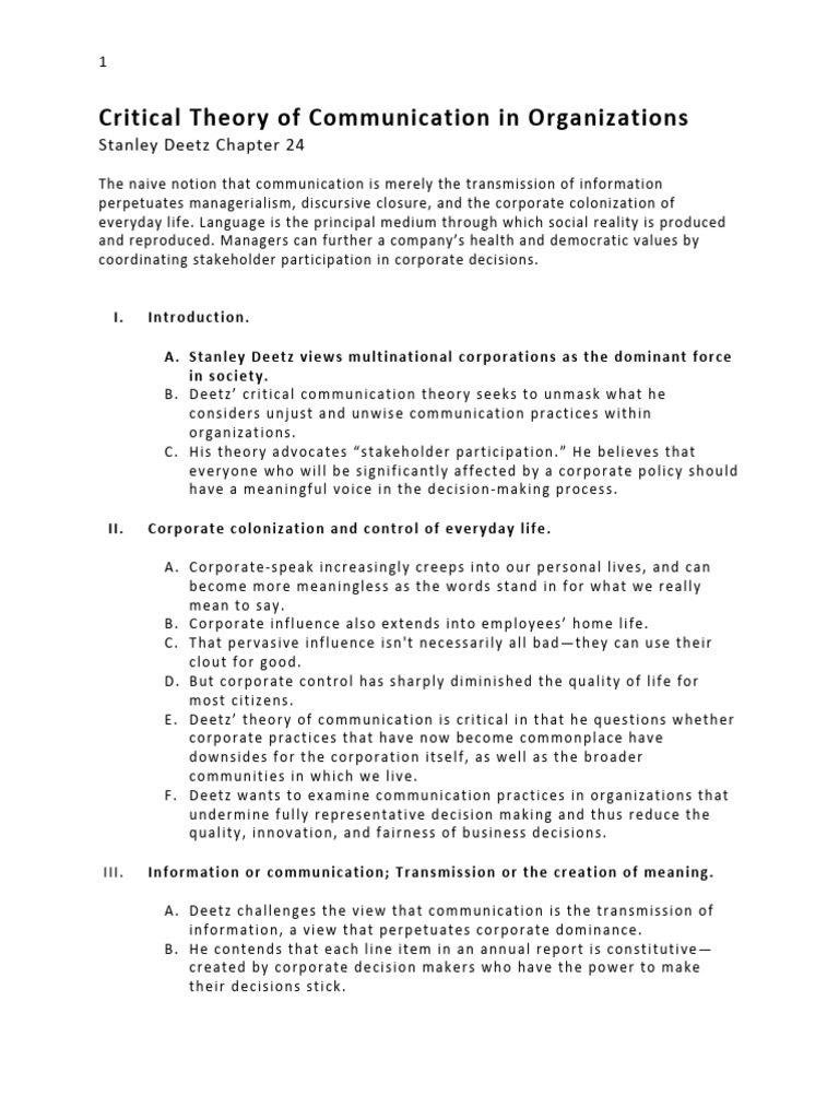 Critical Theory of Communication in Organizations | PDF | Ethnography ...