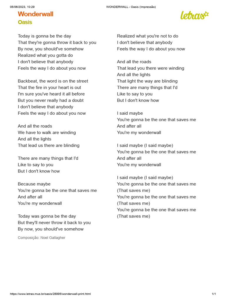 Wonderwall Oasis Impressão Pdf Songs Written Alternative Rock