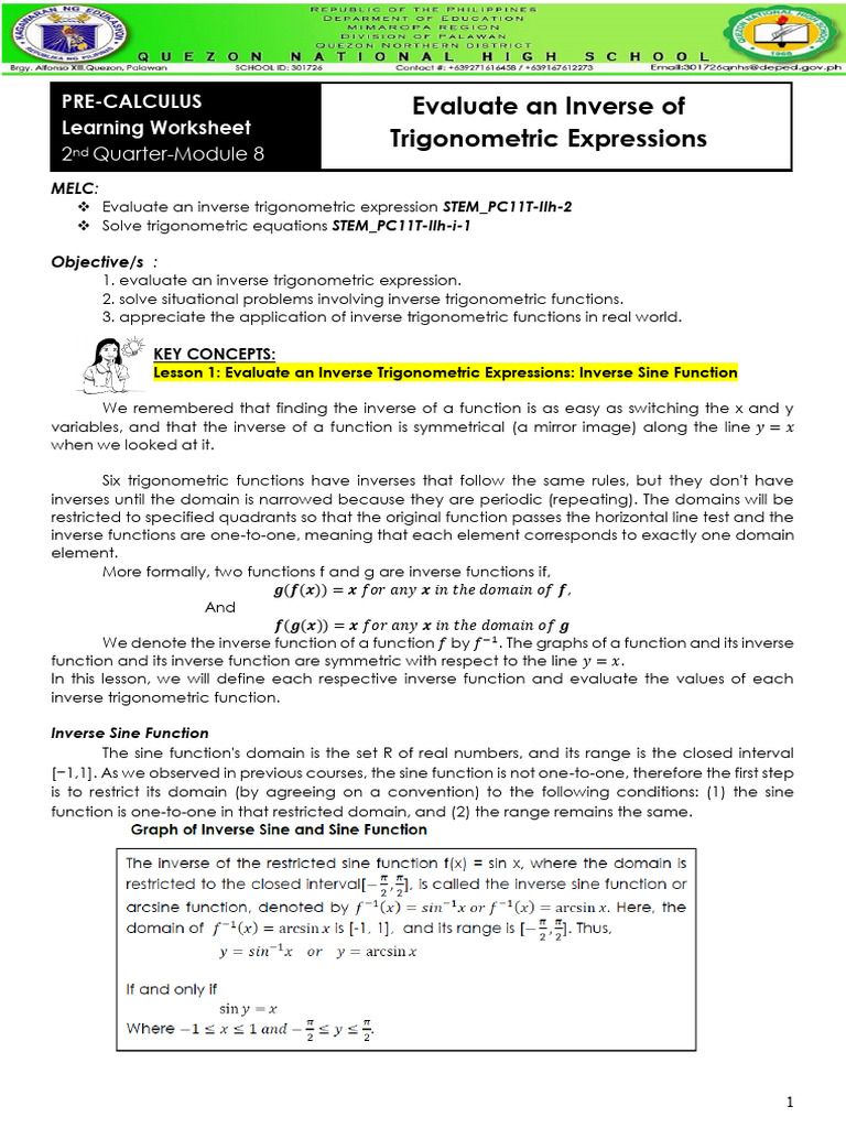 Learning Worksheet - Q2 - Module 8 | PDF | Trigonometric Functions | Function (Mathematics)
