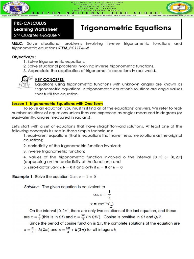 Learning Worksheet Q2 Module 9 | PDF | Trigonometric Functions ...