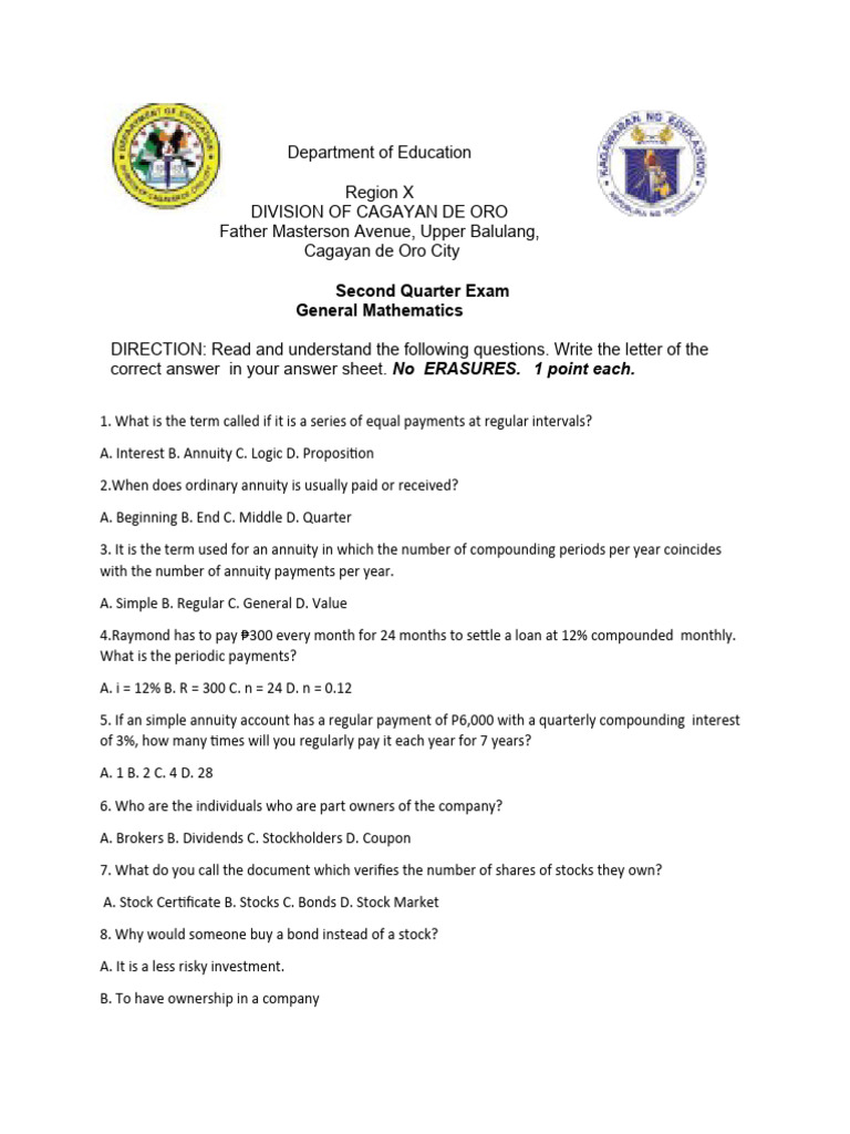 Gen Math Exam | PDF | Interest | Interest Rates