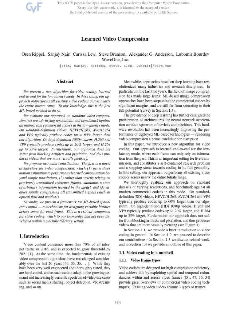 Rippel Learned Video Compression ICCV 2019 Paper | Download Free PDF | Data Compression | Video