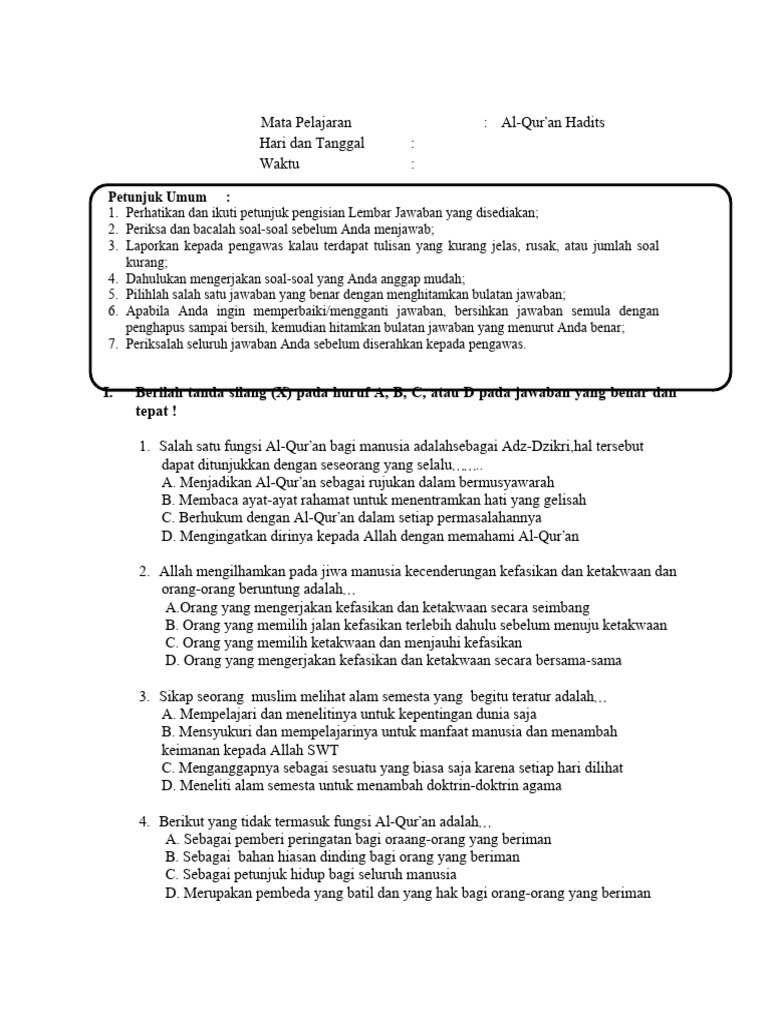 Soal AM MTs - Al Quran Hadits | PDF | Agama & Spiritualitas