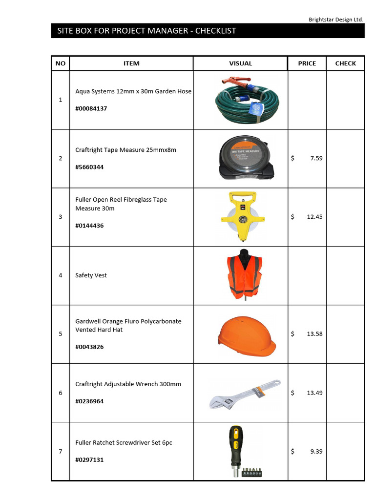 Checklist - Site Box For Project Manager | PDF | Manufactured Goods ...