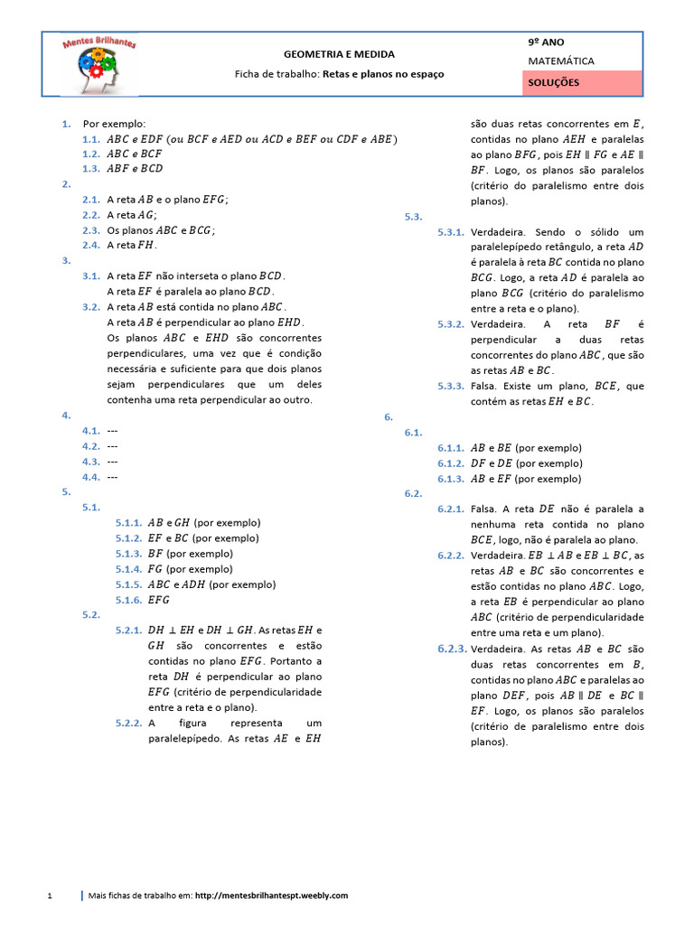 Ficha de Trabalho: Retas e Planos 9º Ano | PDF | Linha (Geometria ...