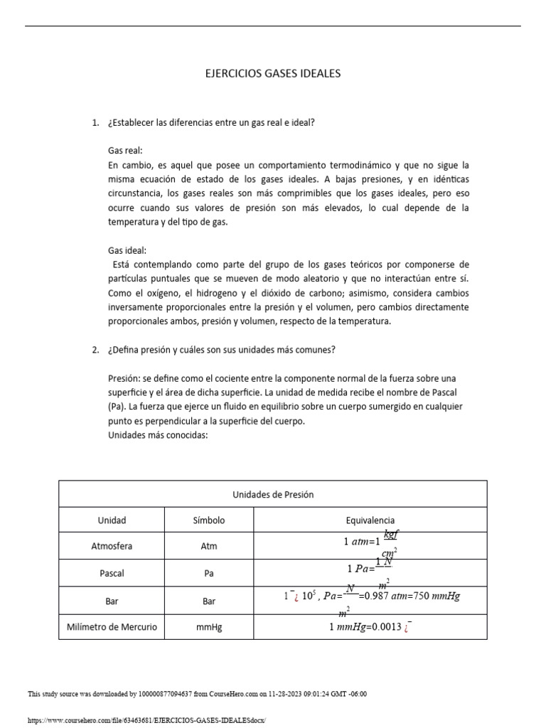 Ejercicios Gases Ideales | PDF | Gases | Vapor