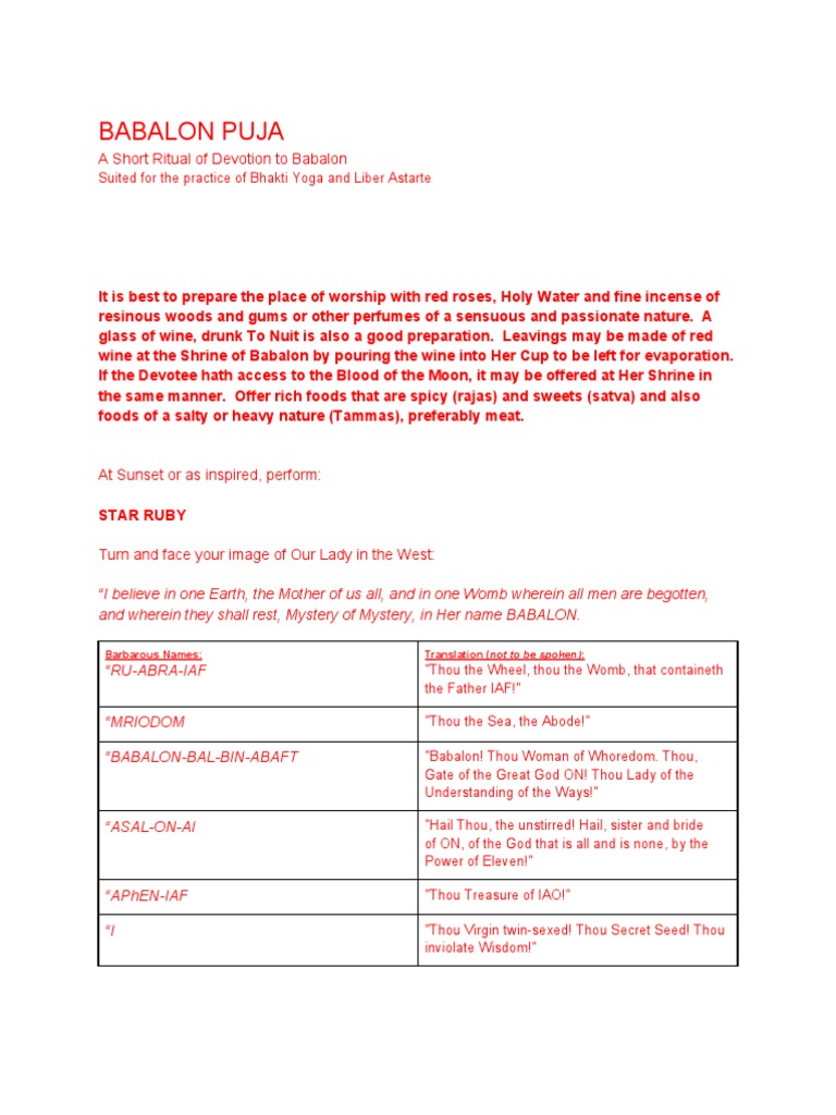 BABALONPUJAAShort Ritualof Devotionto Babalon | PDF | Mythology | Esotericism