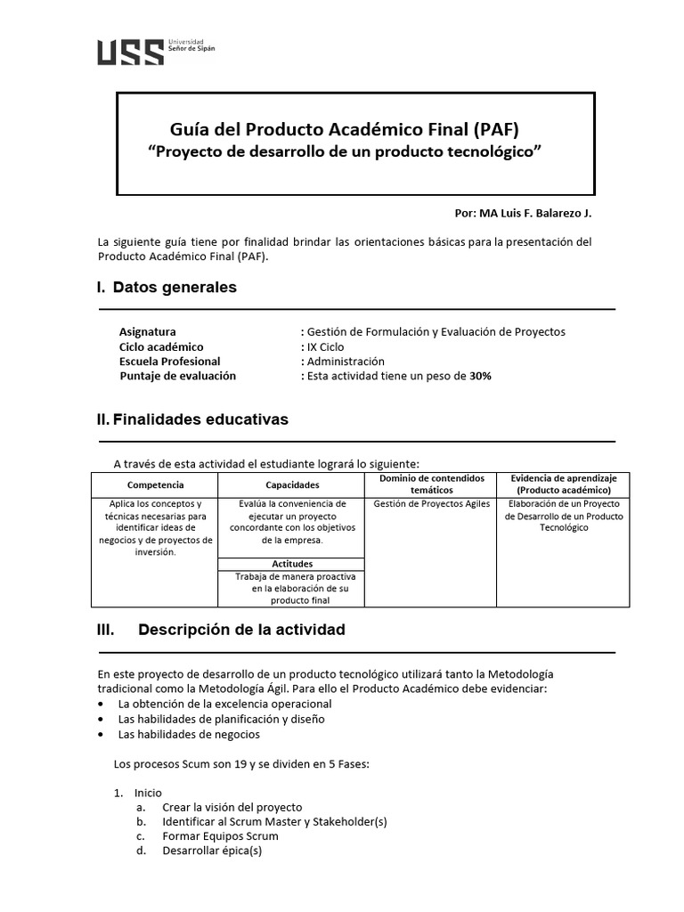 Guía Producto Académico Final (PAF) | PDF | Scrum (desarrollo de software) | Planificación