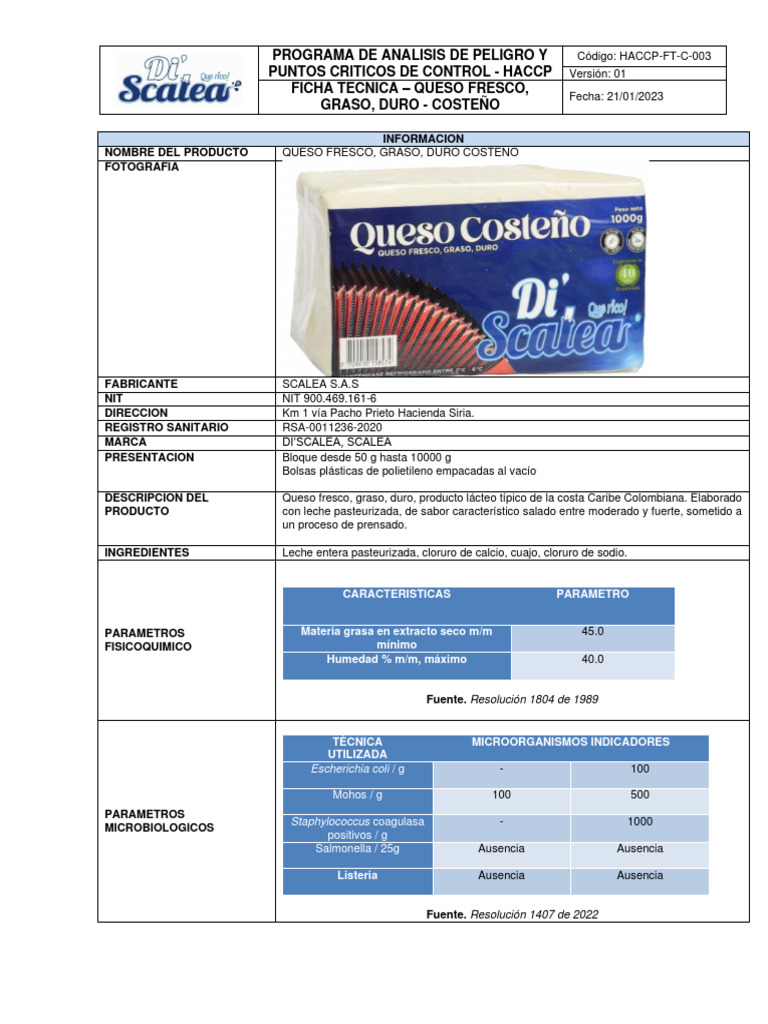 Ficha Tecnica Queso Costeño | PDF | Queso | Leche