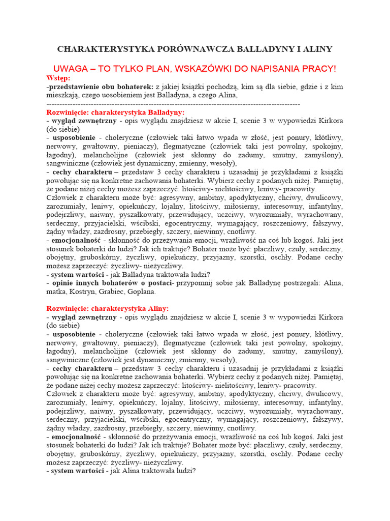 Balladyna I Alina - Charakterystyka Porównawcza Krok Po Kroku 3 | PDF