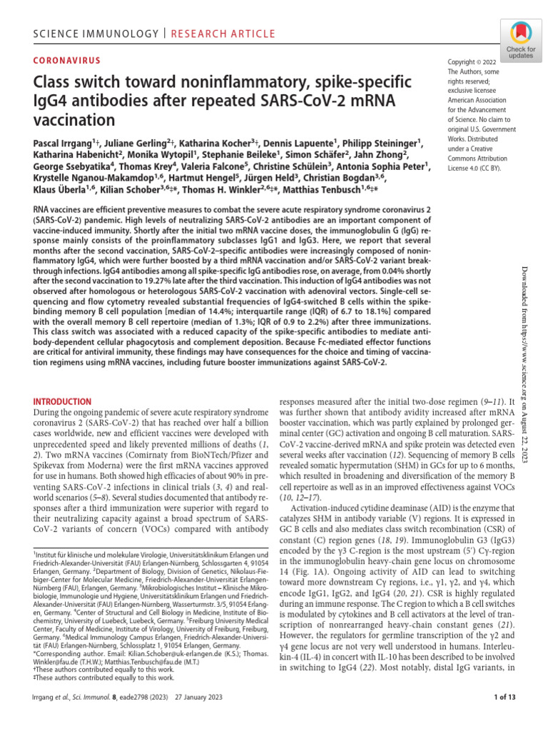 Class Switch Toward Noninflammatory, Spike-Specific IgG4 Antibodies After Repeated SARS-CoV-2 ...