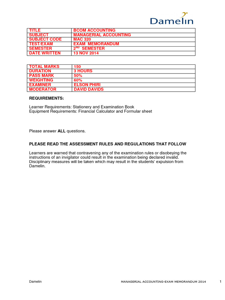 Managerial Accounting Exam Memo | Download Free PDF | Business ...