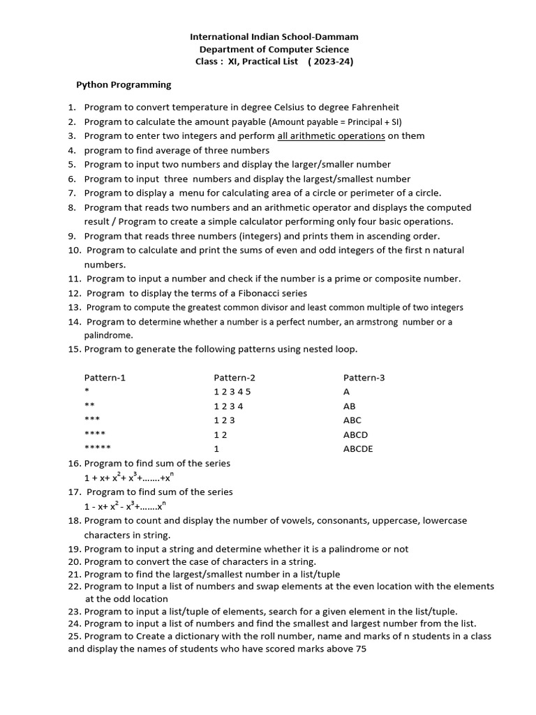 Practical List XI 2023-24 | PDF | Numbers | Mathematics