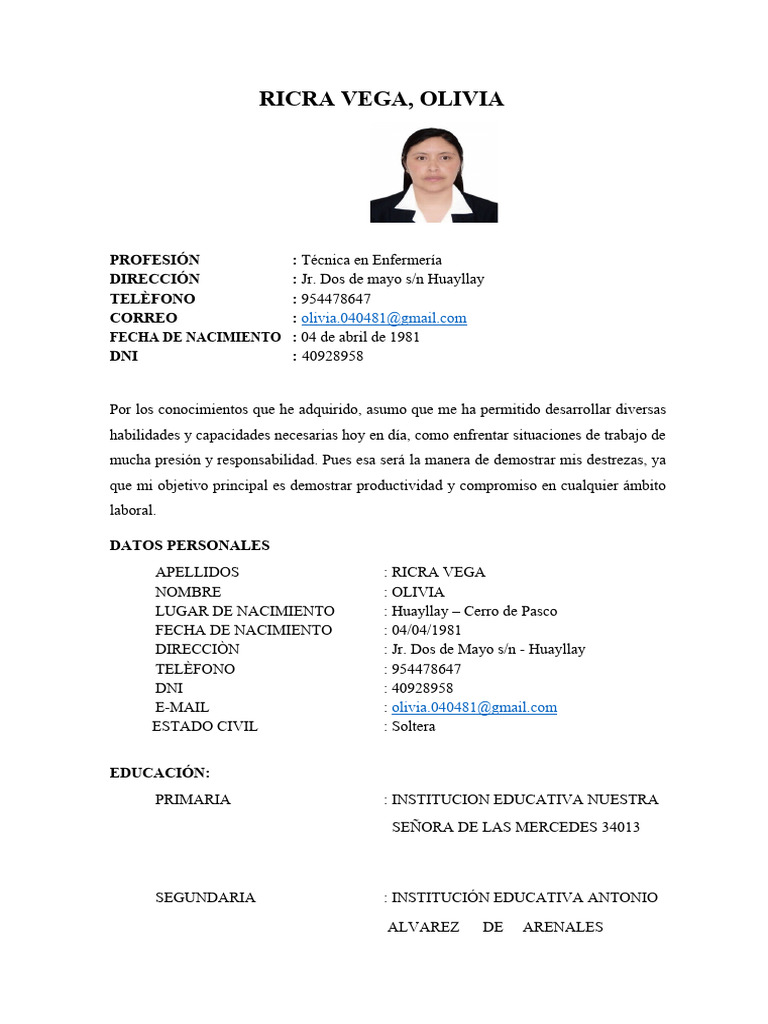 Cv. Olivia Ricra Vega | PDF