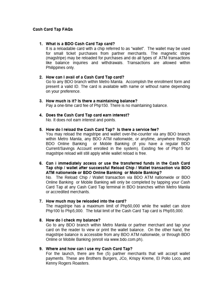 Frequently Asked Questions - Cash Card Tap | PDF | Debit Card ...