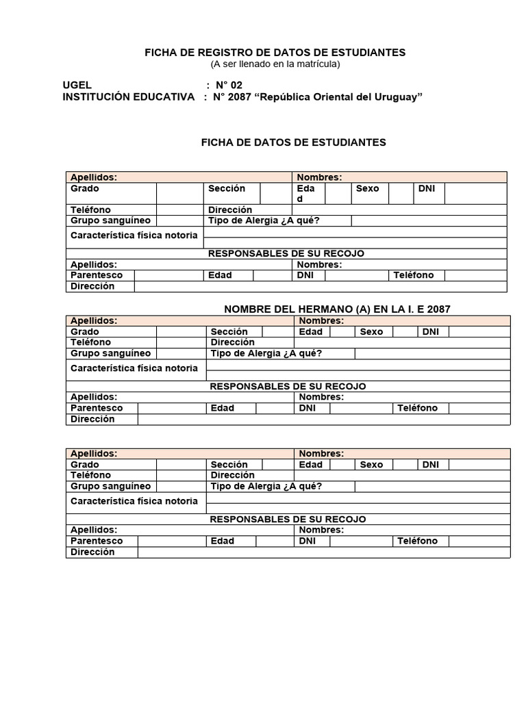 Ficha de Registro de Datos de Estudiantes | PDF