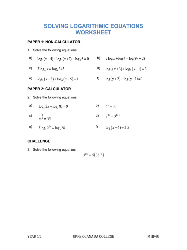 Solving Logarithmic Equations Worksheet | PDF