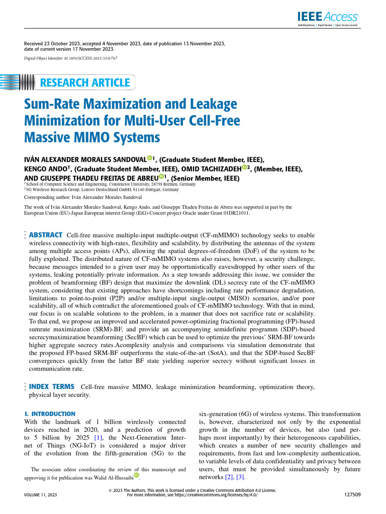Sum-Rate Maximization and Leakage Minimization For Multi-User Cell-Free Massive MIMO Systems ...