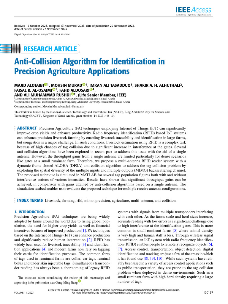 Anti-Collision Algorithm For Identification in Precision Agriculture Applications | PDF | Radio ...