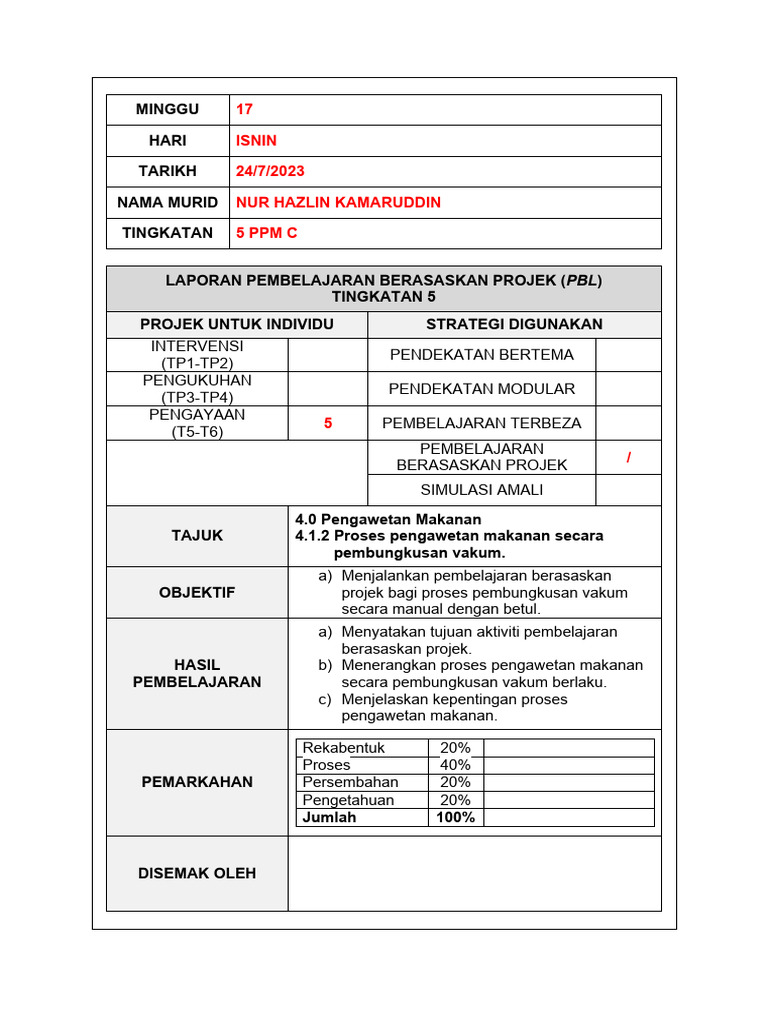 Laporan PBL Murid T5 Unit 4.0 2023 - Guru | PDF