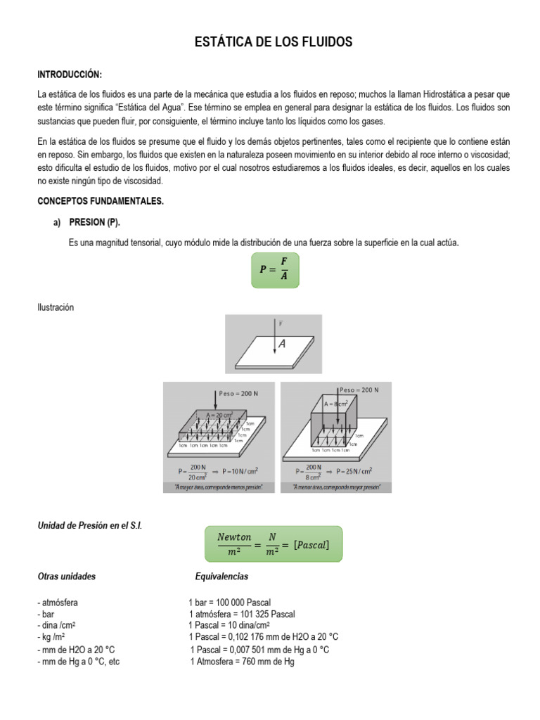 Teoria de Estatica de Fluidos | PDF | Presión | Líquidos