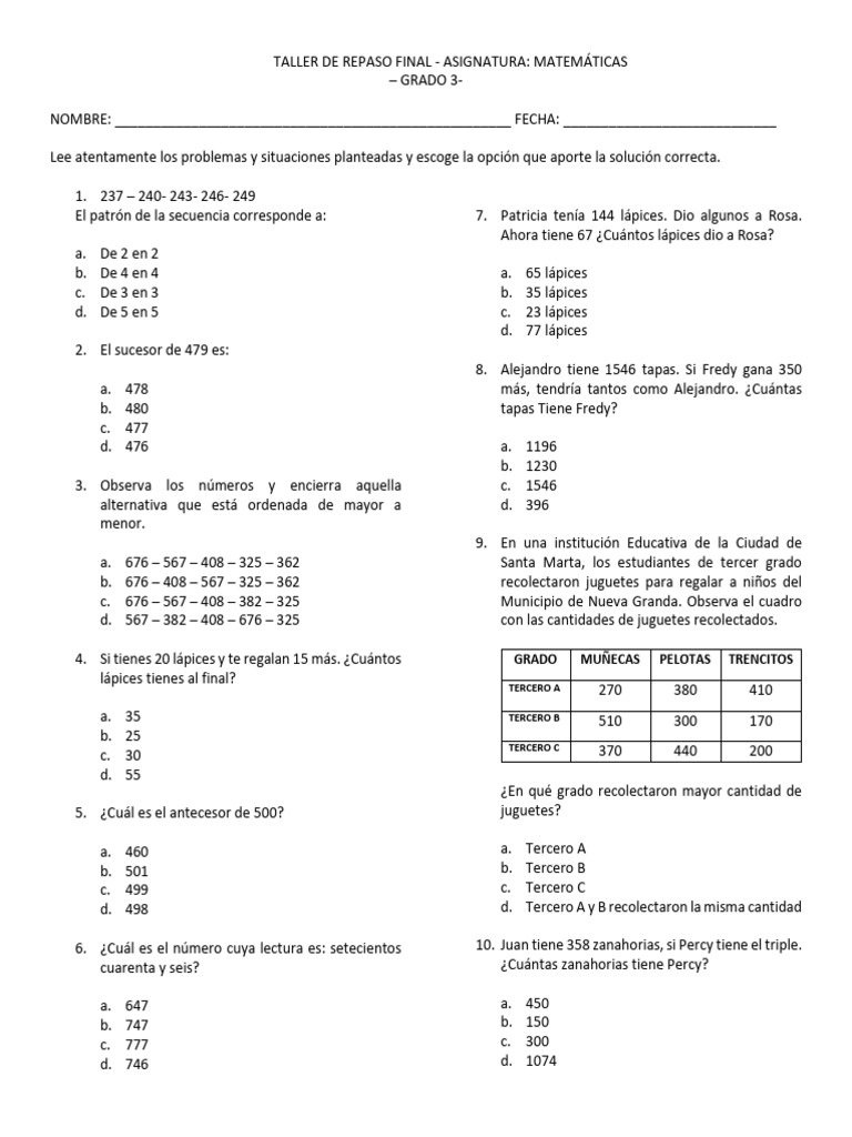Taller de Repaso Final Matematicas | PDF