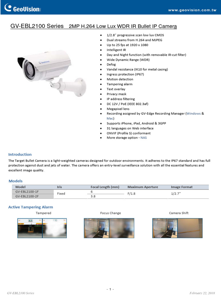 GV-EBL2100 Datasheet | PDF | Camera | Camera Lens