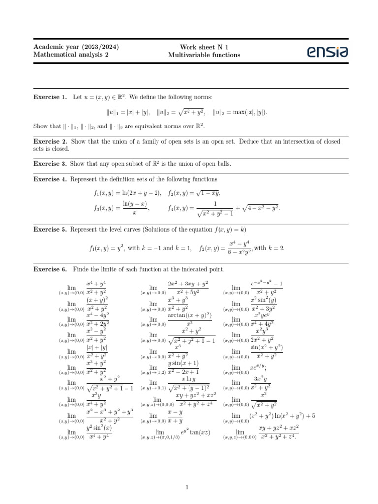 WORKSHEET1 Functions of Several Variables | PDF