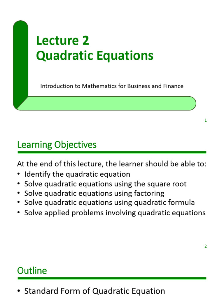Lecture 02 - Quadratic Equations | PDF | Quadratic Equation | Factorization