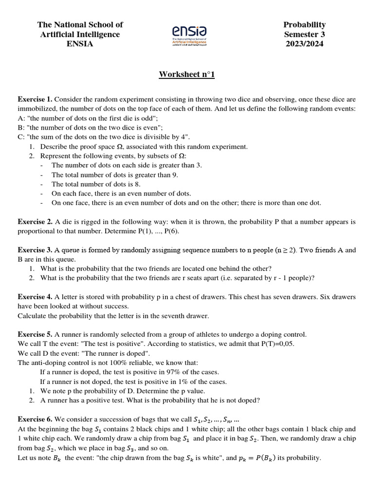 2-ENSIA 2023-2024 Worksheet 1 | PDF | Probability Distribution | Mathematical Analysis
