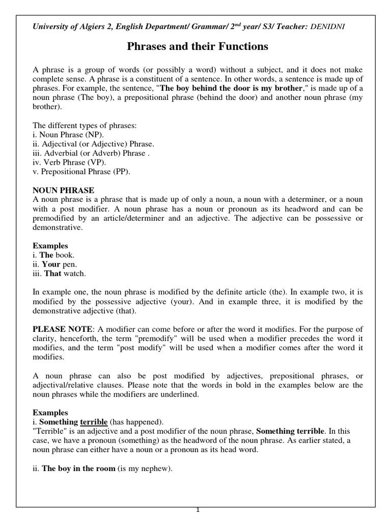 Phrases and Their Grammatical Functions | PDF | Adverb | Adjective