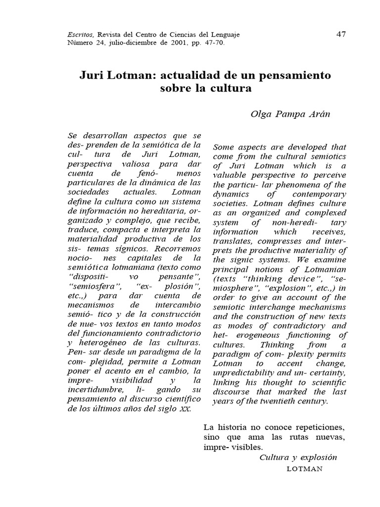 Lotman: Semiótica y Cultura Actual | PDF | Science | Semiótica