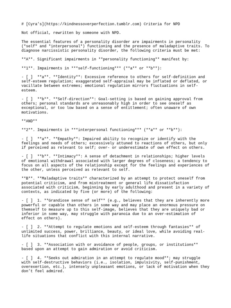 Cyra's NPD Criteria | PDF | Self Esteem | Personality Disorder