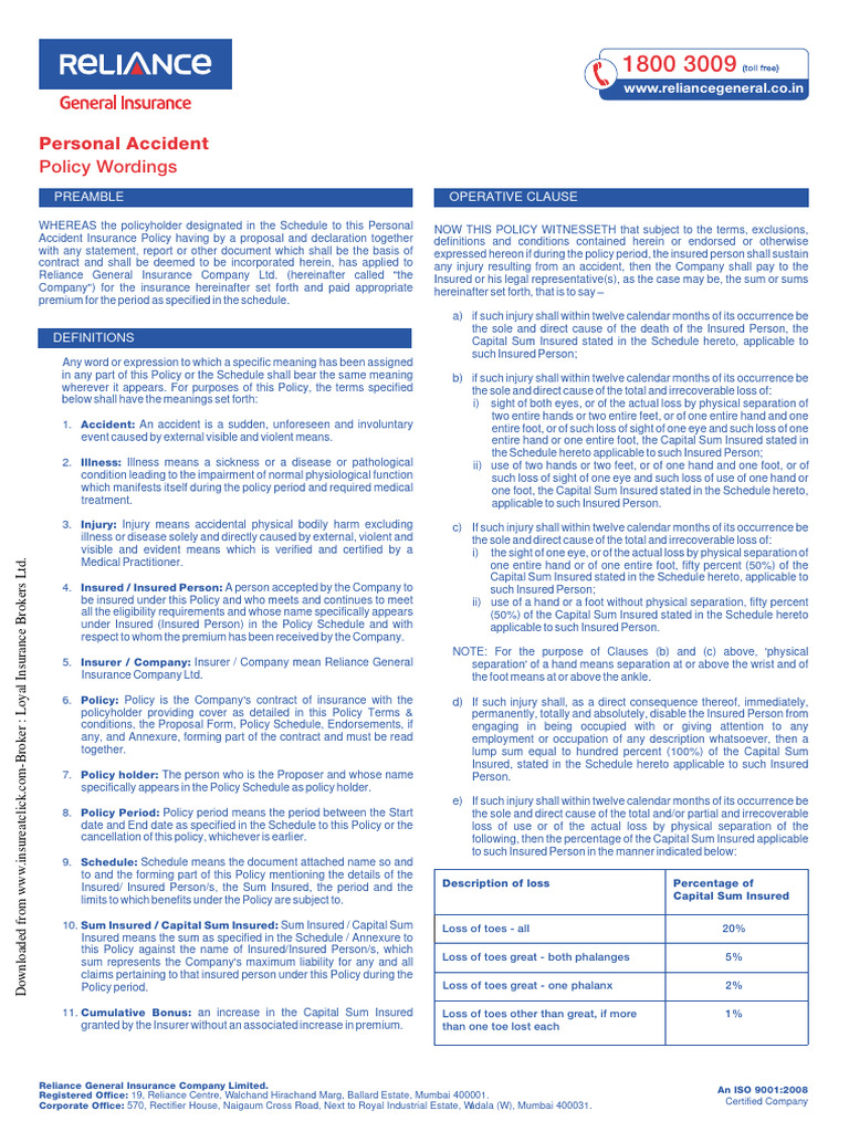 Reliance Personal Accident Policy Wording | PDF | Insurance | Finger