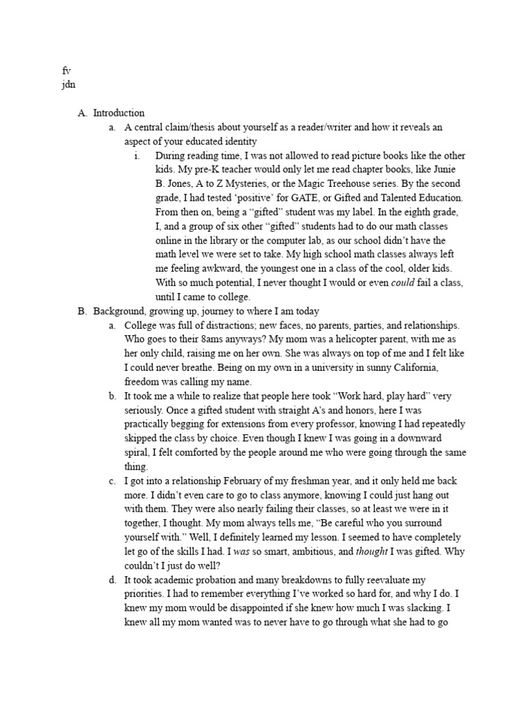Sidney Deiss - Literacy Narrative Outline First Draft | PDF